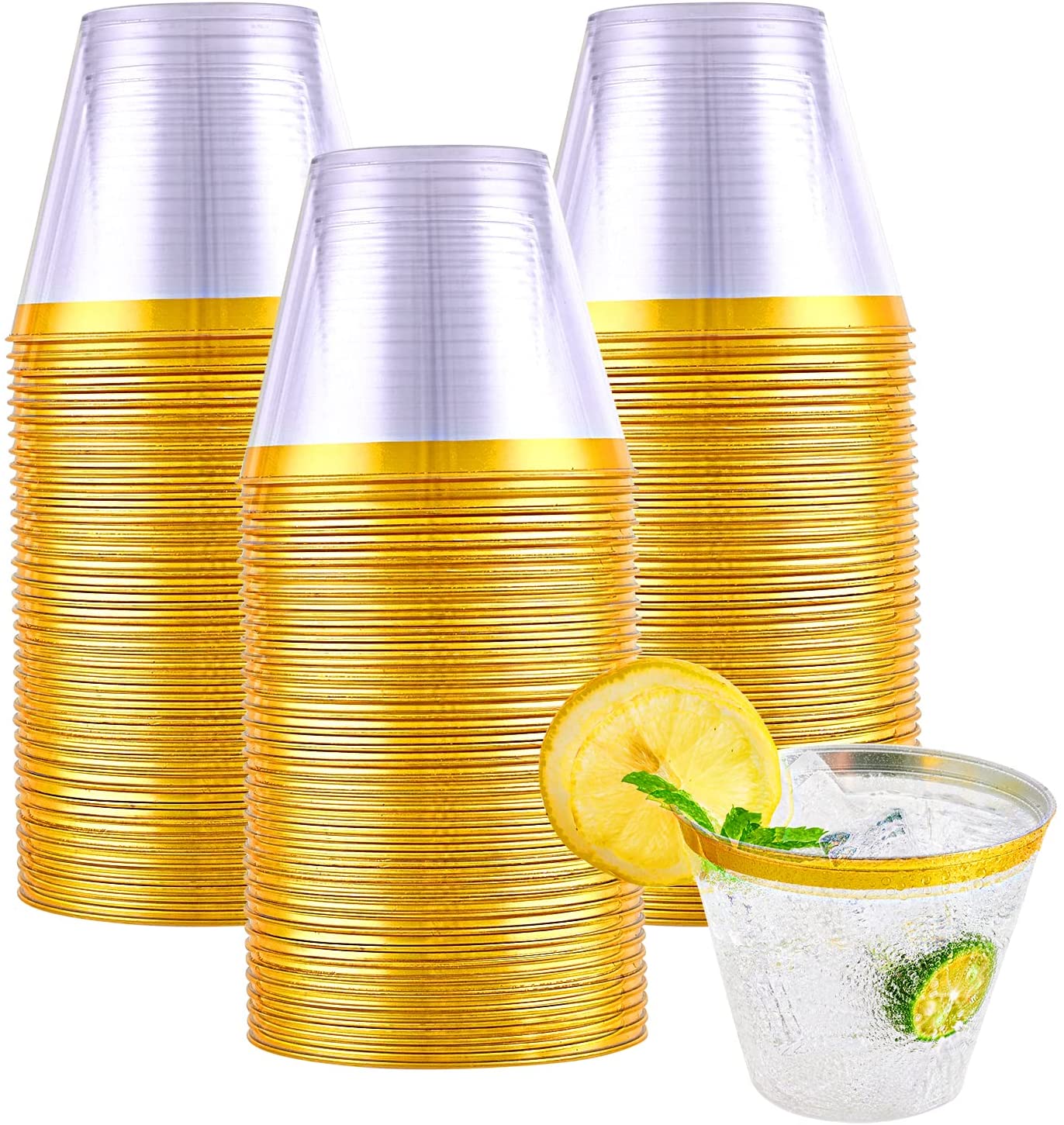 100 Pack Gold Plastic Cups9 Oz Clear Plastic Cups Tumblers Elegant G